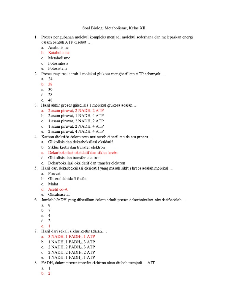 Soal Metabolisme, Kelas XII | PDF