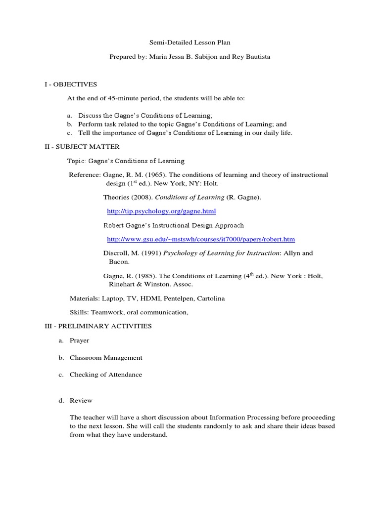 Applying Gagne's Conditions of Learning: A Lesson Plan on the ...