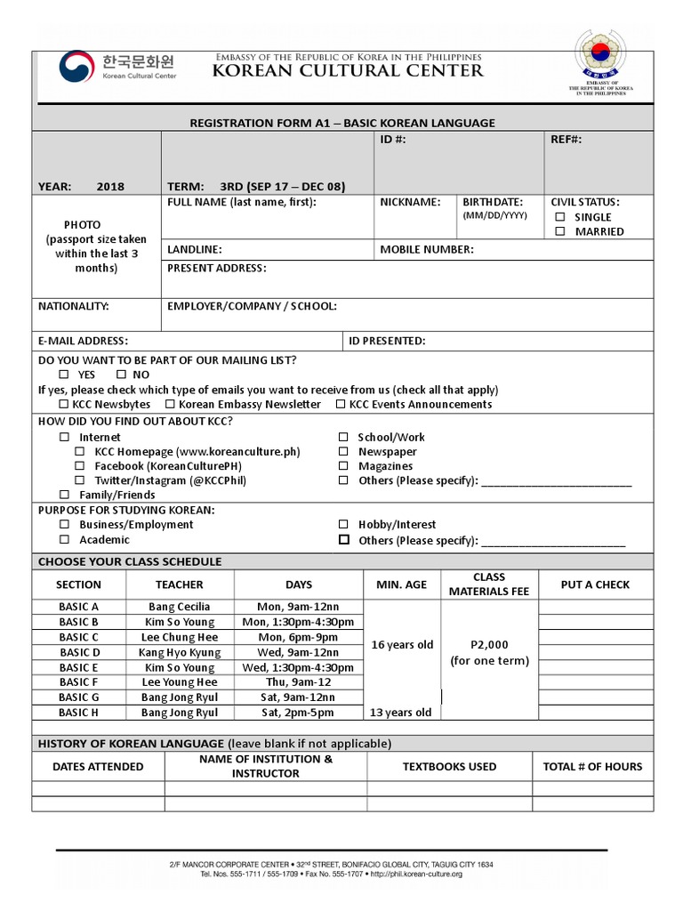 (2018 3rd) Basic Korean Language Registration Form | PDF | Legal ...