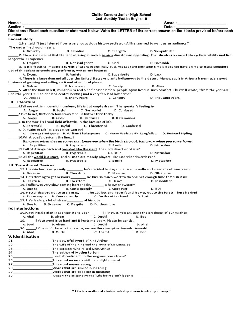 2nd Monthly Test 2018-2019 | PDF | Language Arts & Discipline