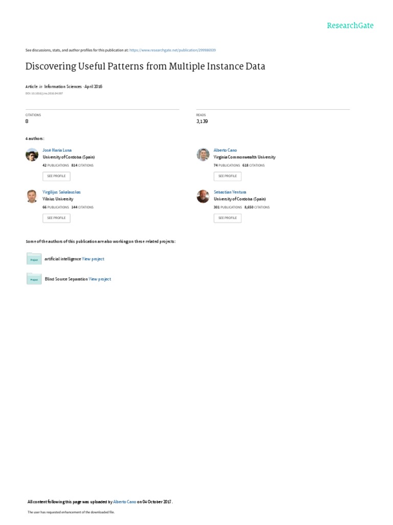 Discovering Useful Patterns From Multiple Instance Data: Information Sciences April 2016 | PDF ...