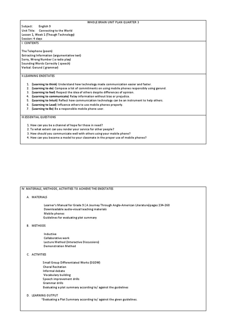 English 9 Unit Plan: Mobile Communication | PDF | Educational ...