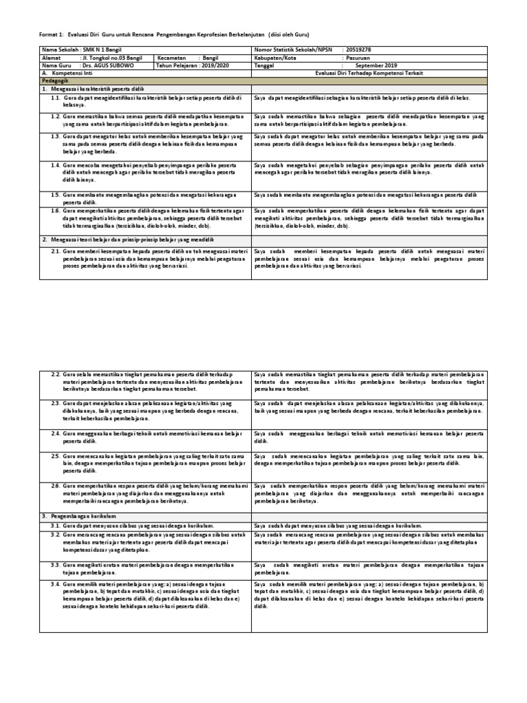 Daftar Evaluasi Diri Guru Program PKB | PDF