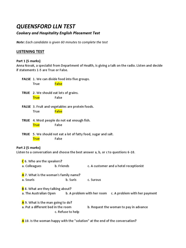LLN Test Practice for Hospitality Students | PDF | Stereotypes | Knowledge