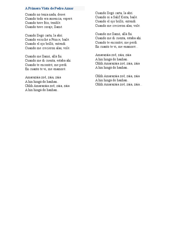 A Primera Vista Letra Original | PDF