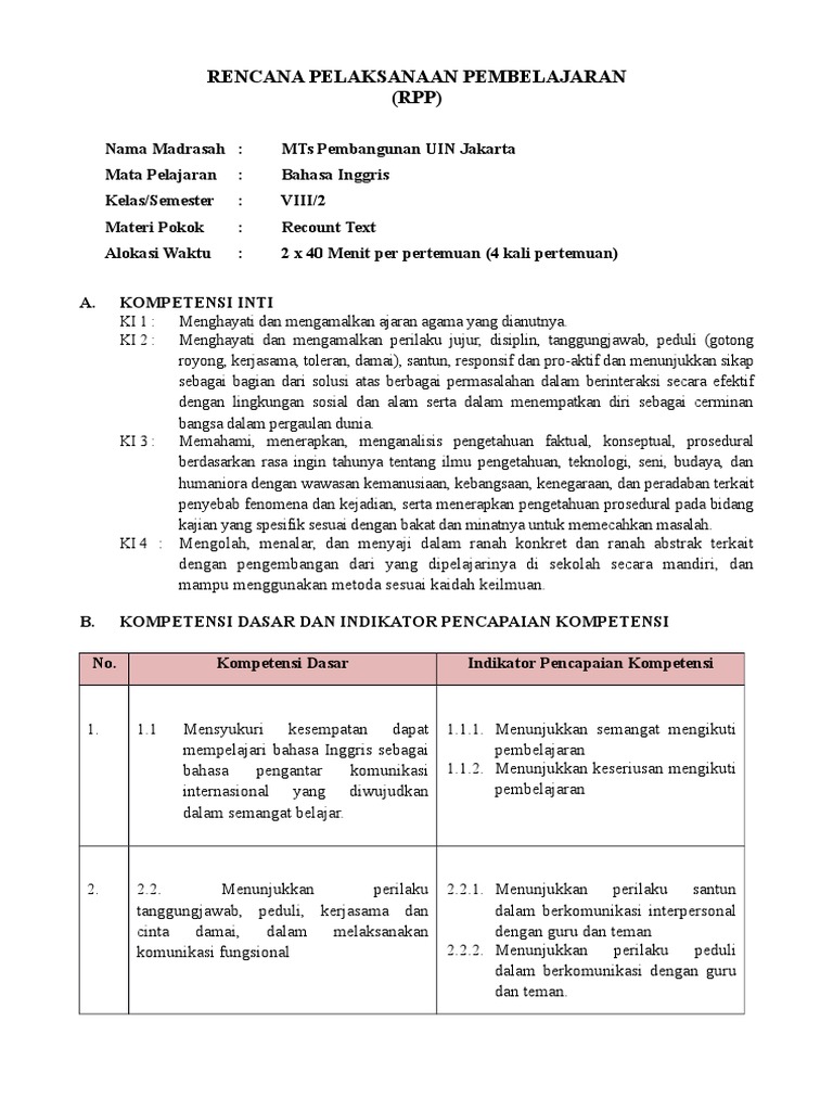 RPP Kelas 8 - Recount Text | PDF