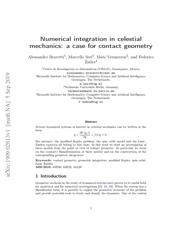 Numerical Integration in Celestial Mechanics: A Case For Contact Geometry | PDF | Calculus Of ...