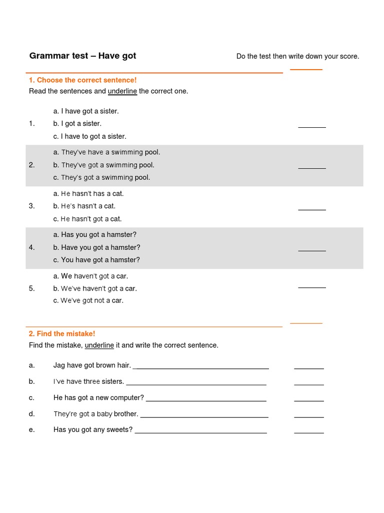 Grammar Test - Have Got: 1. Choose The Correct Sentence! | PDF ...