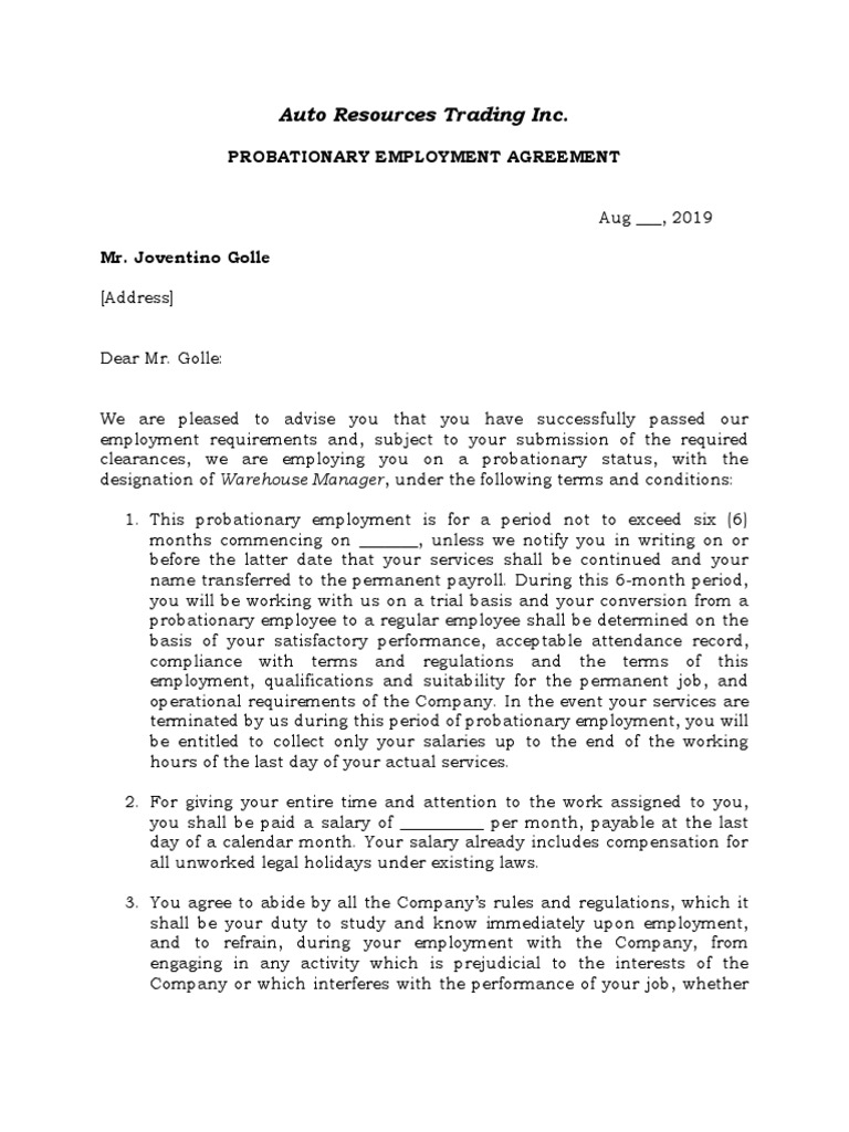 Employment Contract For Probationary | PDF | Employment | Contractual Term