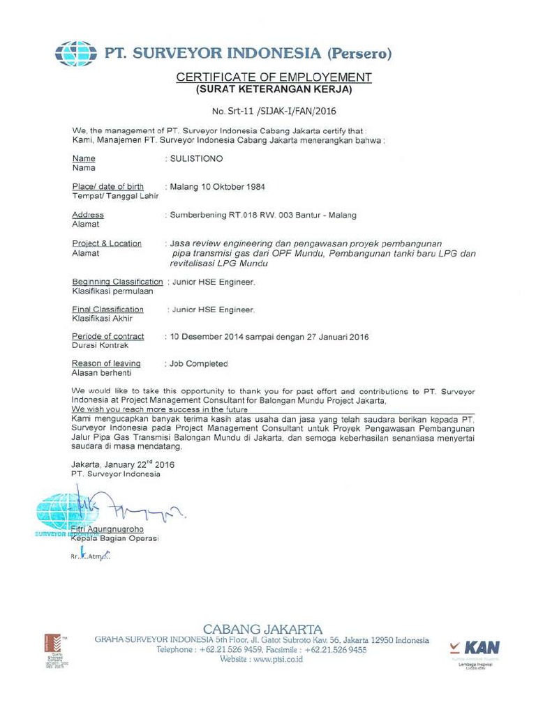 Paklaring PT SI - Sulistiono | PDF