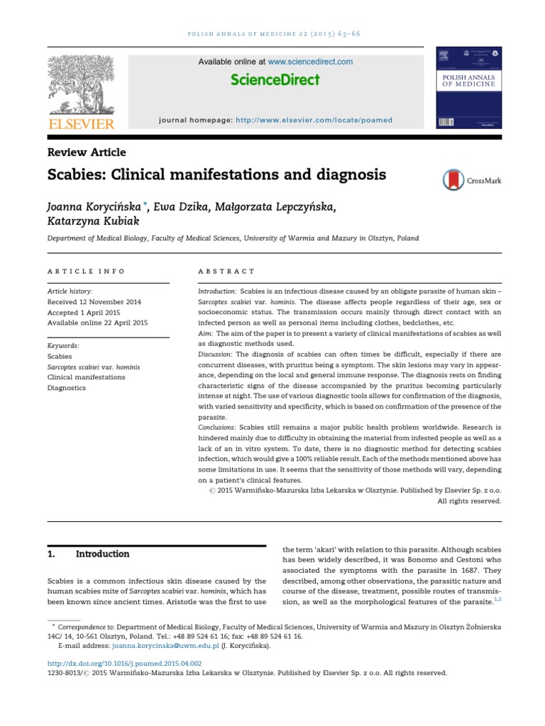 Scabies Clinical Manifestations and Diagnosis 2015 Polish Annals of ...