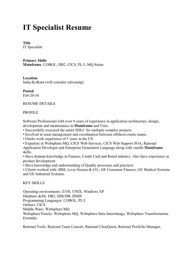 IT Specialist Resume | Ibm Db2 | Information Technology Management