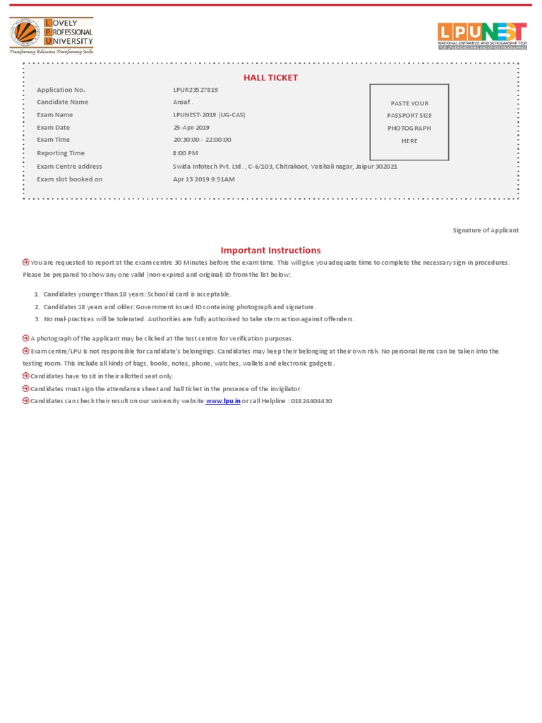 Hall Ticket | PDF | Test (Assessment)