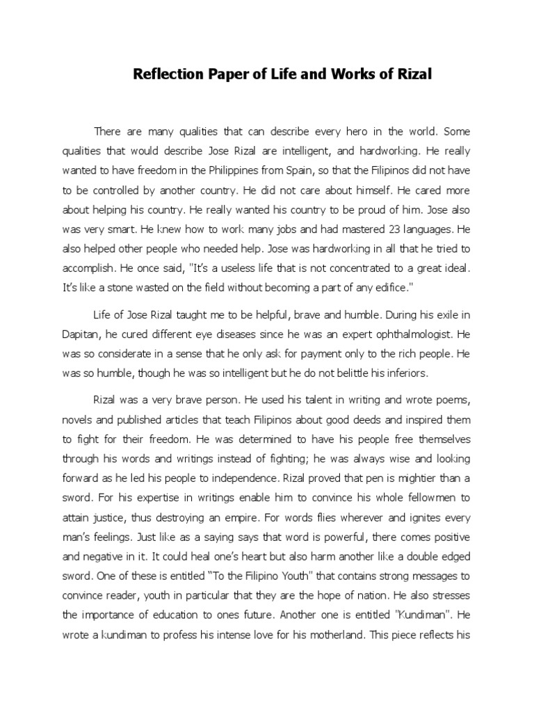 Reflection Paper of Life and Works of Rizal | PDF | Philippines