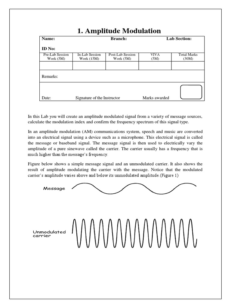 Amplitude Modulation: Name: Branch: Lab Section: ID No | PDF ...