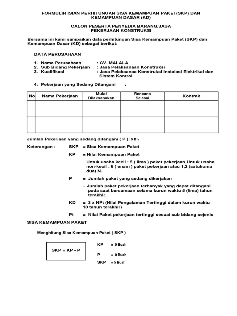 Formulir Isian Perhitungan Sisa Kemampuan Paket | PDF