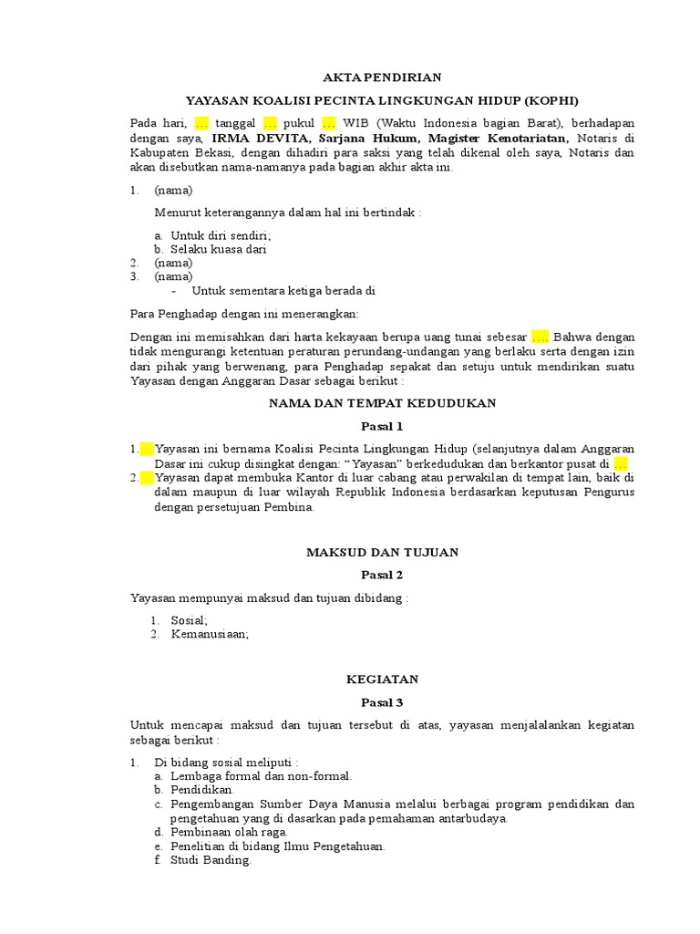 Akta Pendirian Yayasan KOPHI | PDF