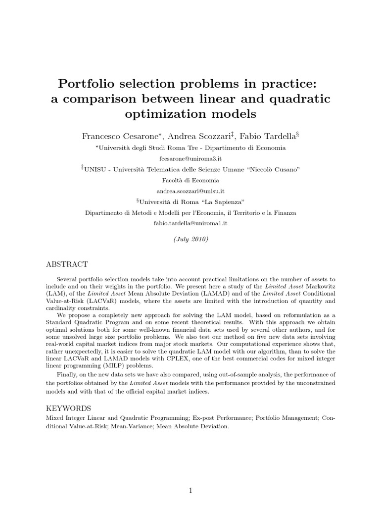 Portfolio Selection Problems in Practice: A Comparison Between Linear ...