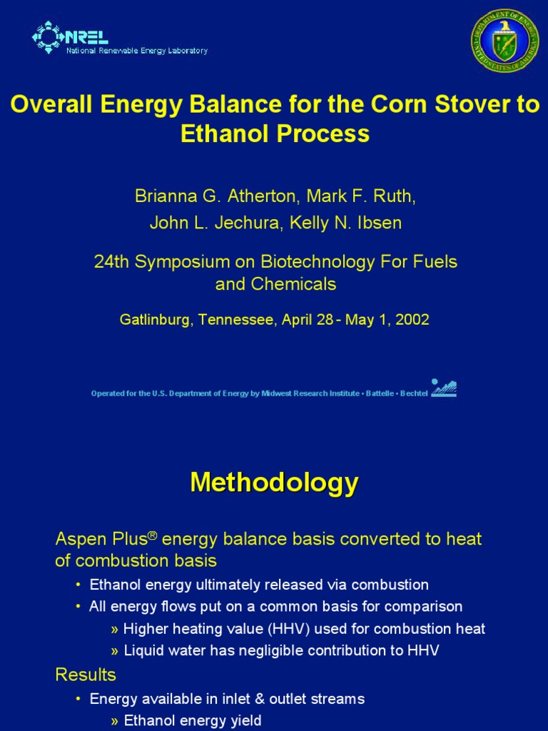 Overall Energy Balance For The Corn Stover To Ethanol Process | PDF ...