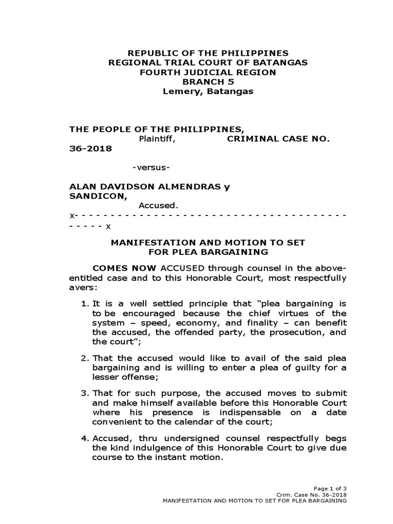 Plea Bargaining Motion To Set FOR EARLY Hearing ALAN DAVIDSON ALMENDRAS ...