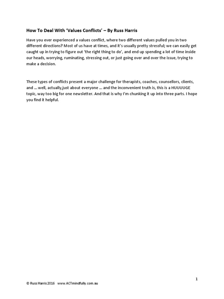 How To Deal With Values Conflicts' - by Russ Harris | PDF | Feeling | Time
