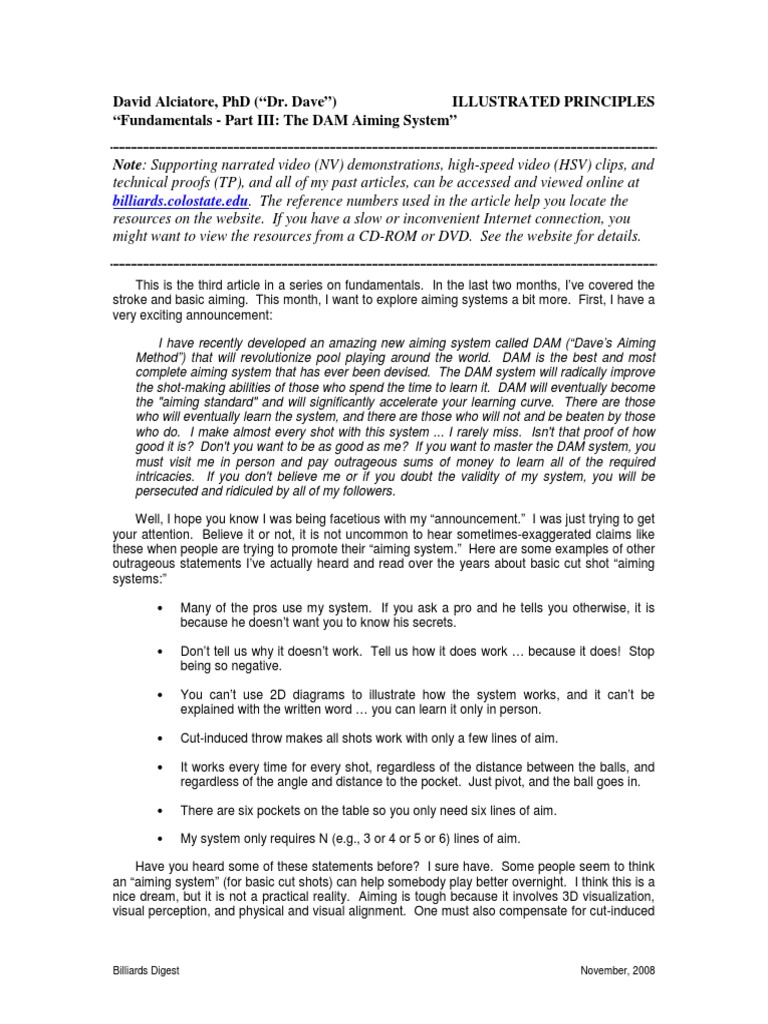 David Alciatore, PHD ("Dr. Dave") Illustrated Principles "Fundamentals ...