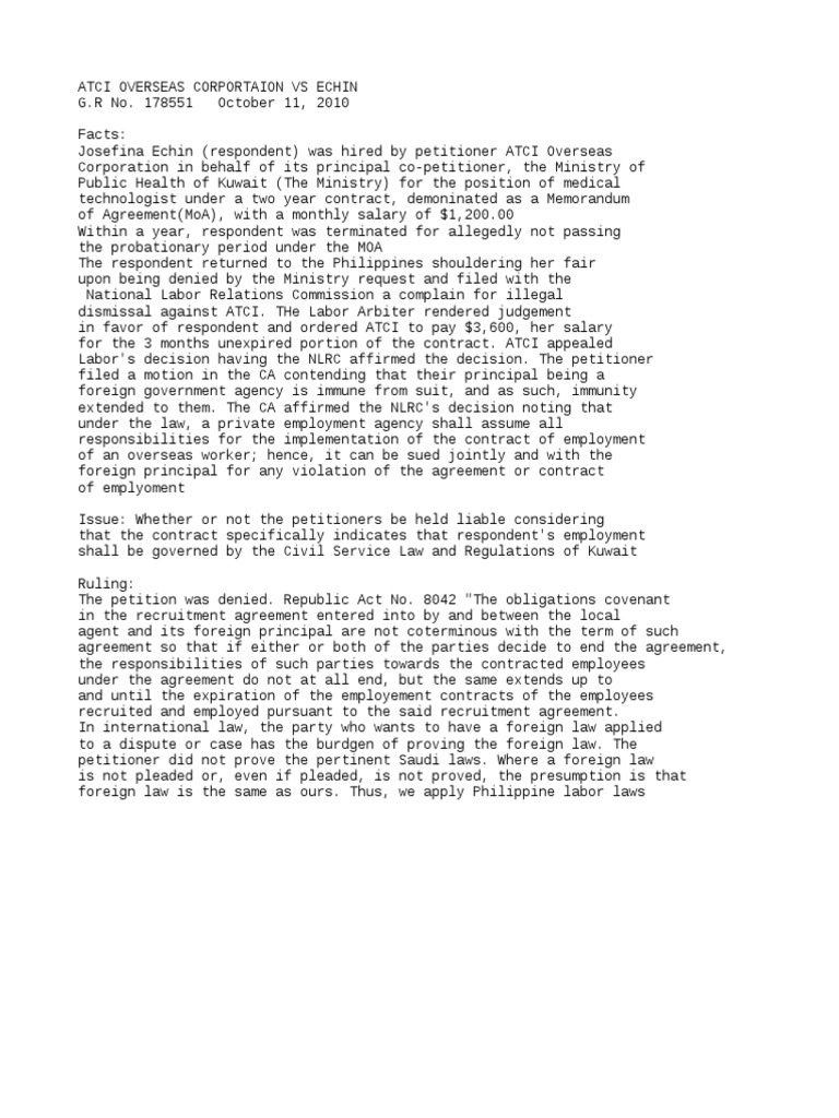 ATCI Vs Echin | PDF | Employment | Lawsuit