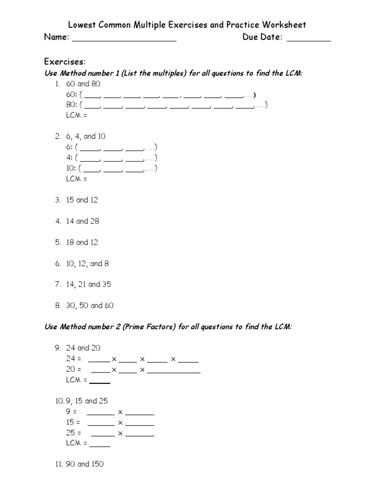 Lowest Common Multiple Exercises and Practice Worksheet | PDF