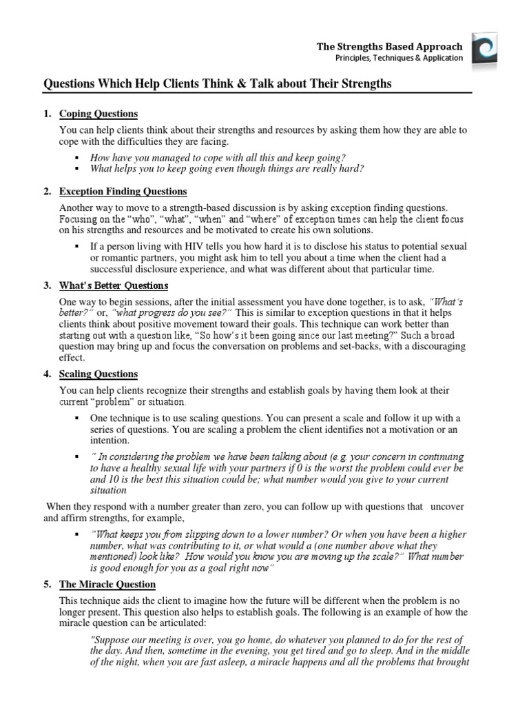 Questions Which Help Clients Think Talk About Their Strengths Pdf