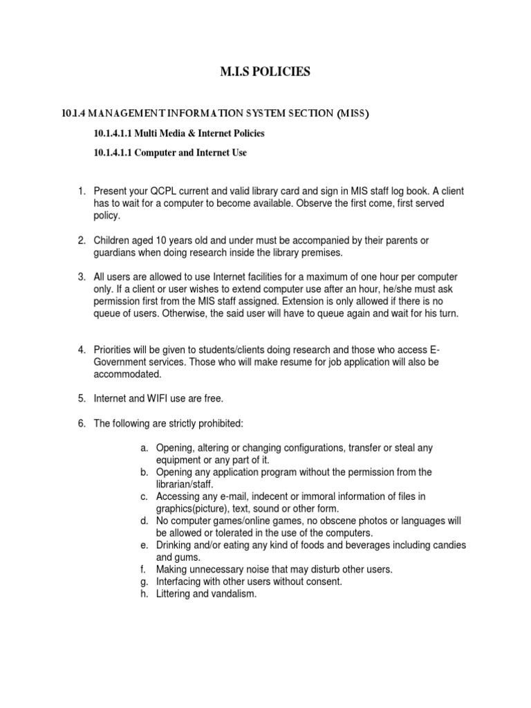 M.I.S Policies: 10.1.4 Management Information System Section (Miss ...