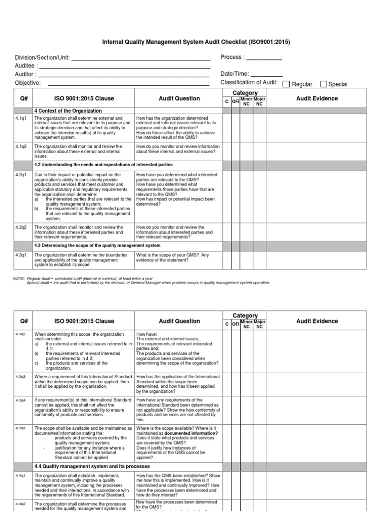 Internal Quality Management System Audit Checklist for ISO 9001:2015 ...