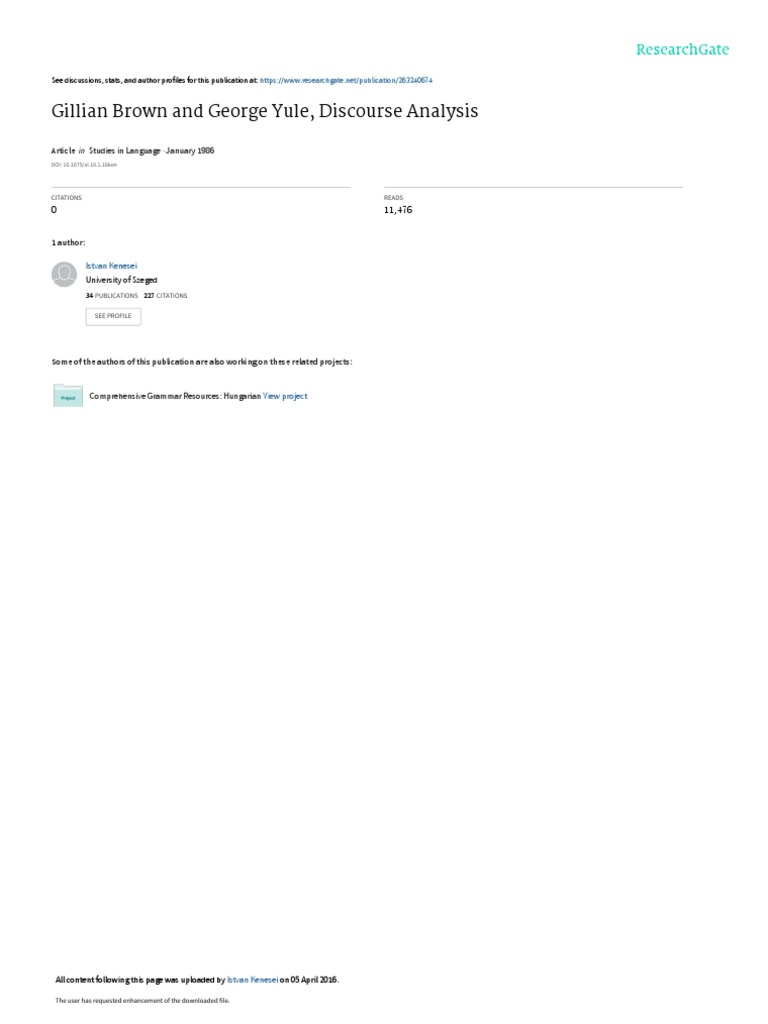 Gillian Brown and George Yule, Discourse Analysis: Studies in Language ...