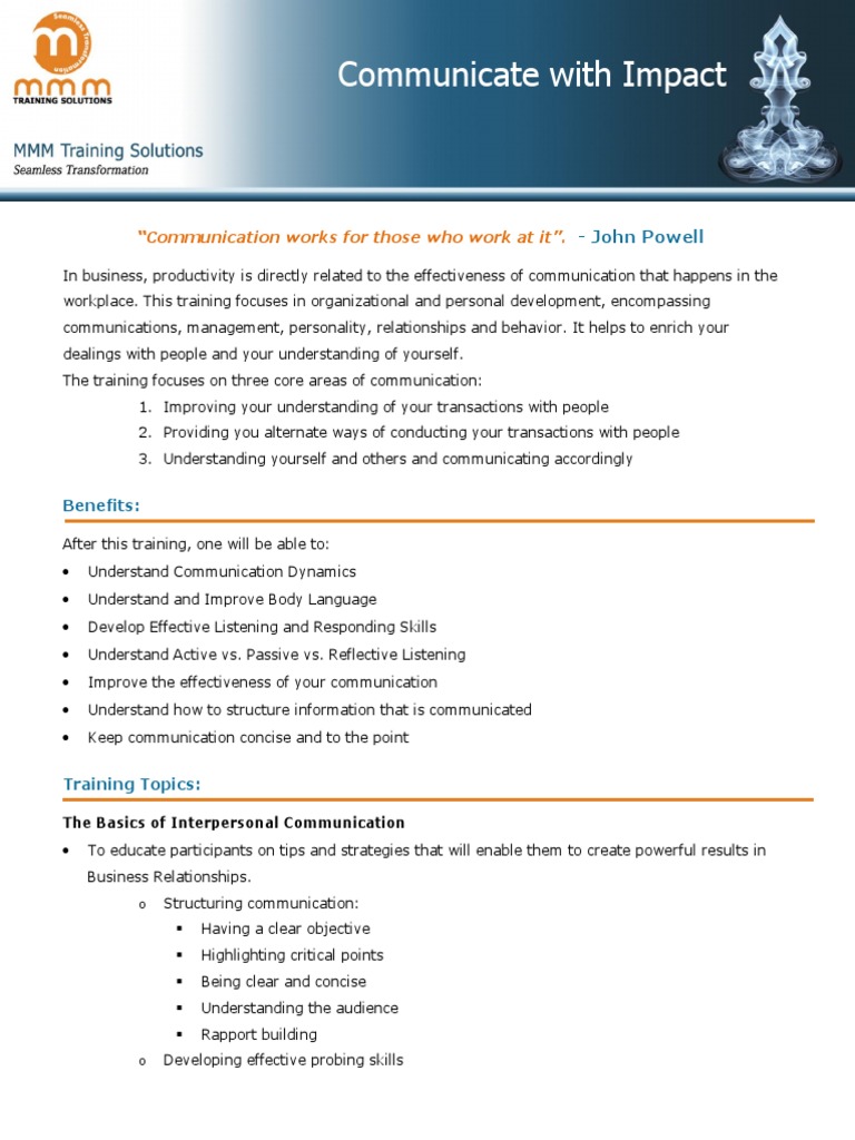 Communication Skills Training Outline | PDF | Communication | Cognitive ...