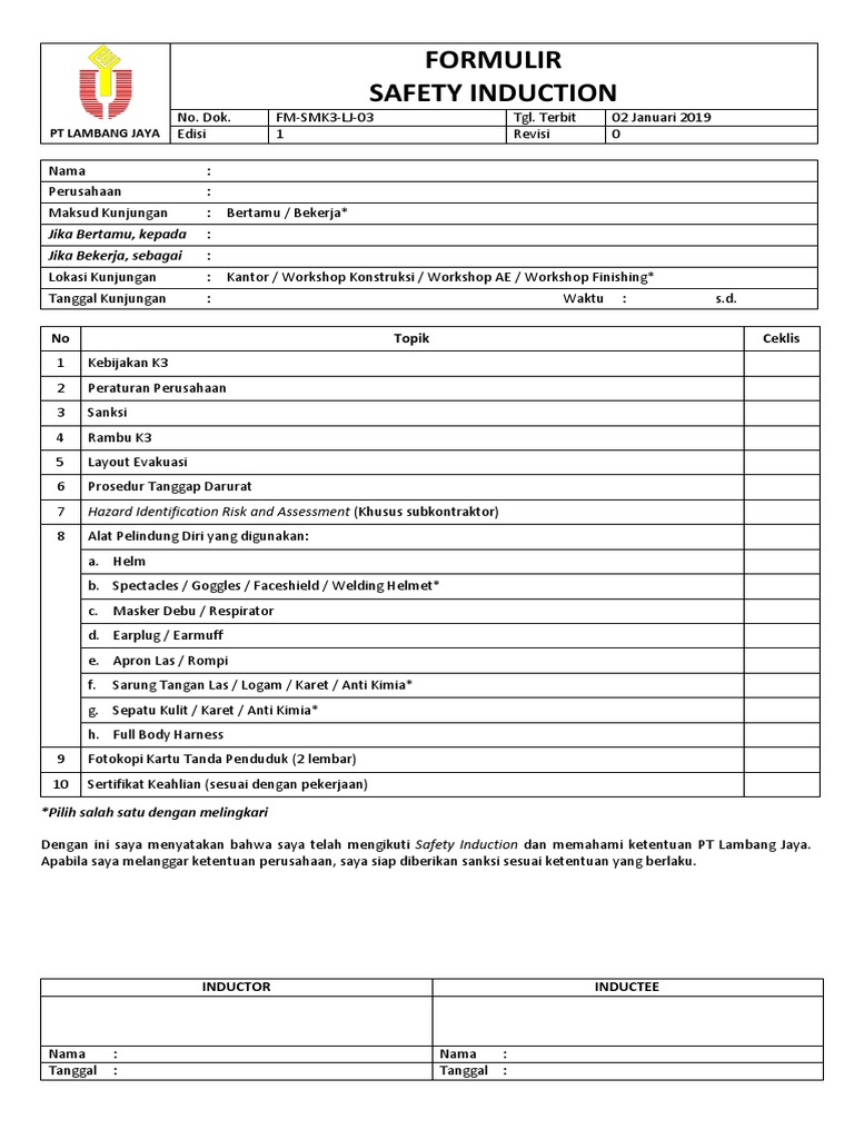 FM SMK3 LJ 03 Formulir Safety Induction | PDF