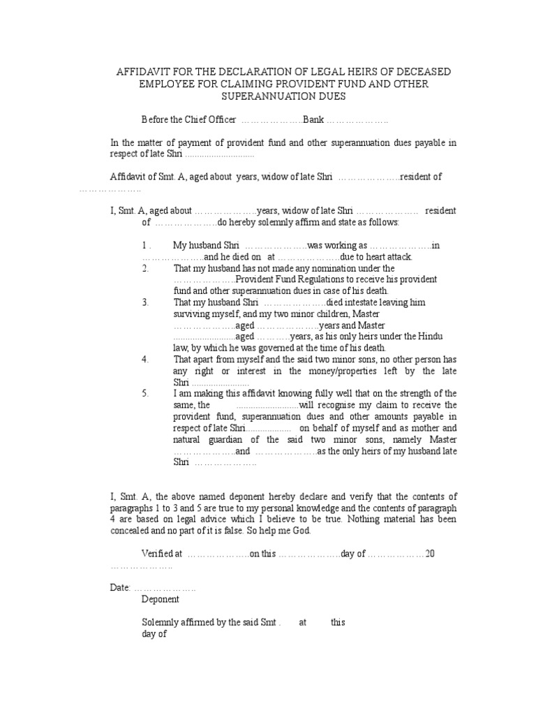 Affidavit For The Declaration of Legal Heirs of Deceased Employee For ...