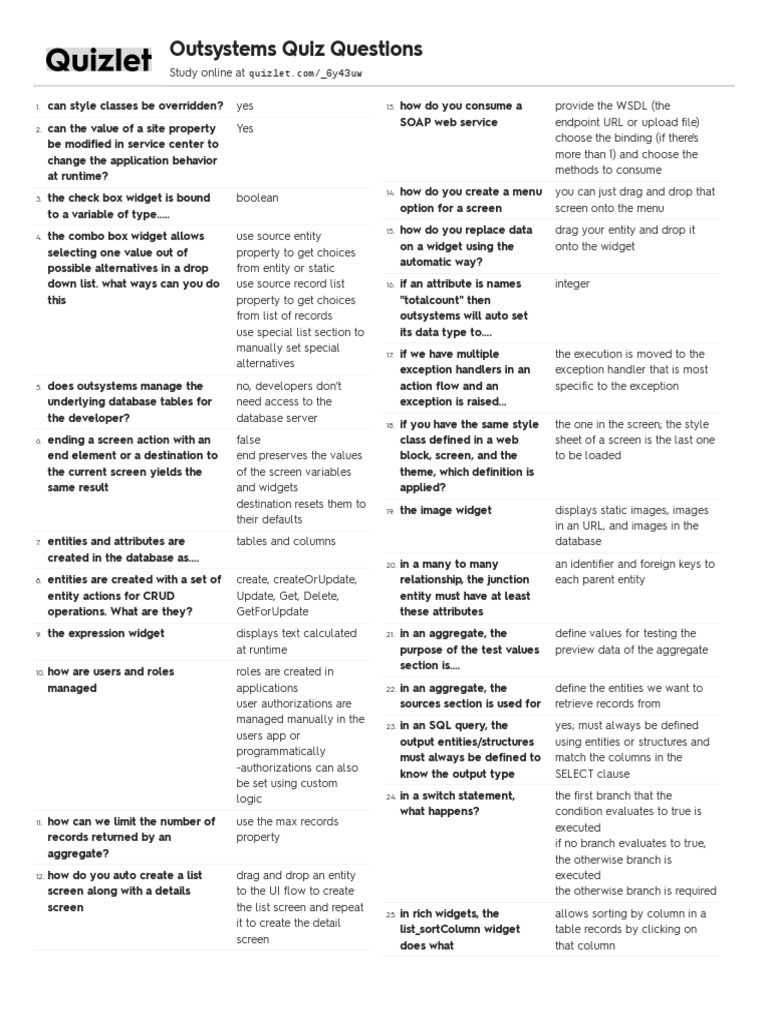 Quizlet-Outsystems Quiz Questions | PDF | Databases | Parameter ...