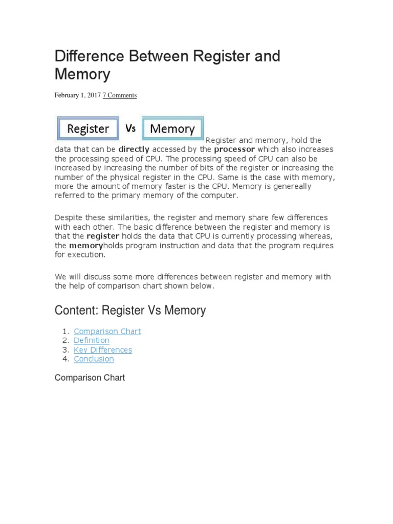 Difference Between Register And Memory Pdf Computer Data Storage Random Access Memory