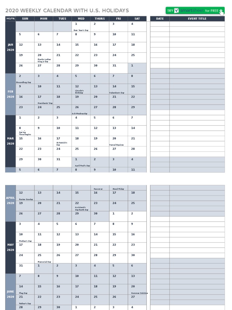 IC 2020 Weekly Calendar With US Holidays 8583 | PDF | Holidays | Traditions