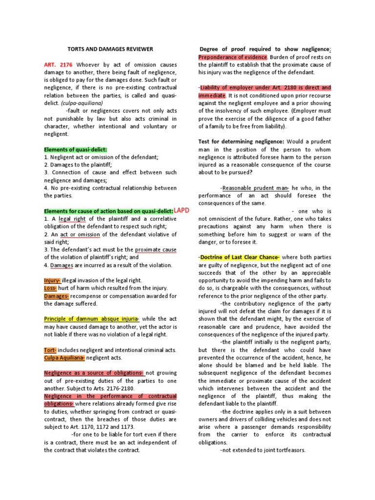 Torts and Damages Reviewer | PDF | Negligence | Damages