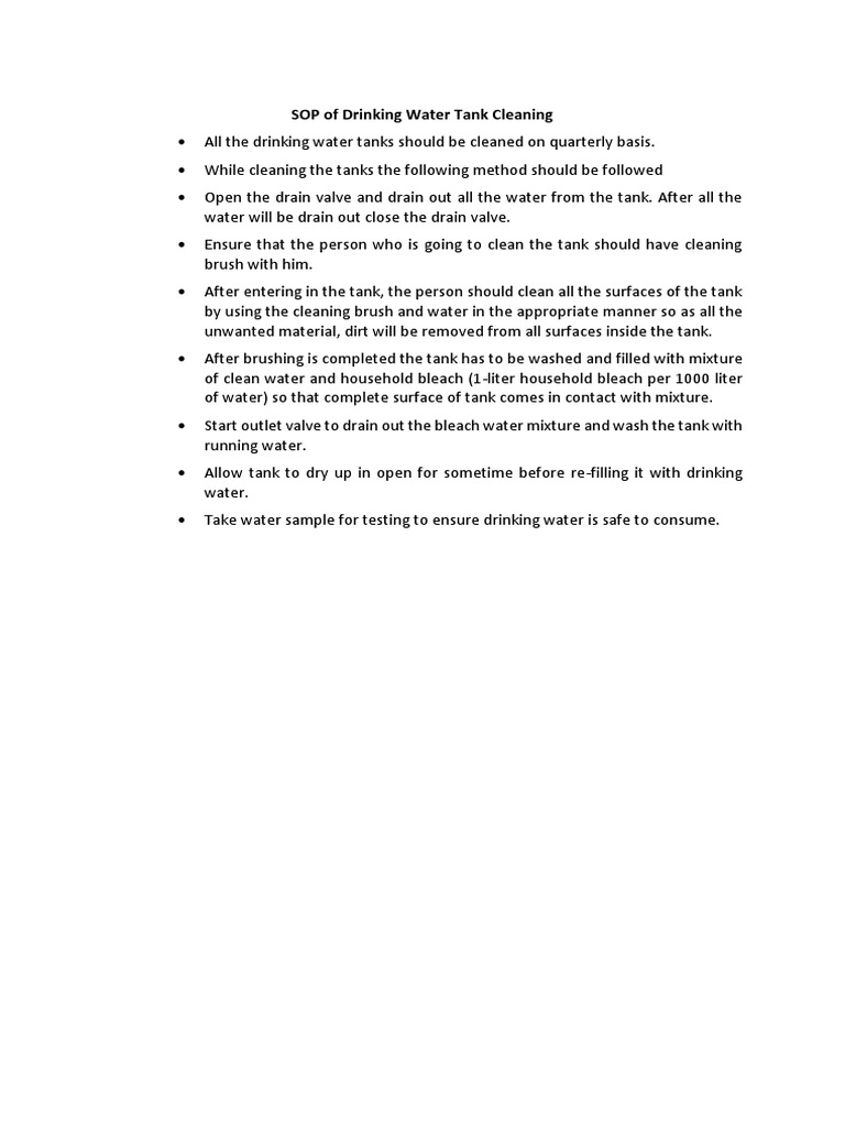 Drinking Water Tank Cleaning SOP | PDF