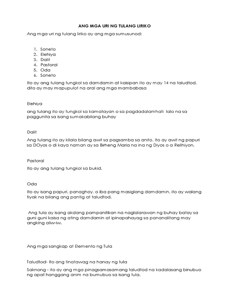 Ang Mga Uri NG Tulang Liriko | PDF