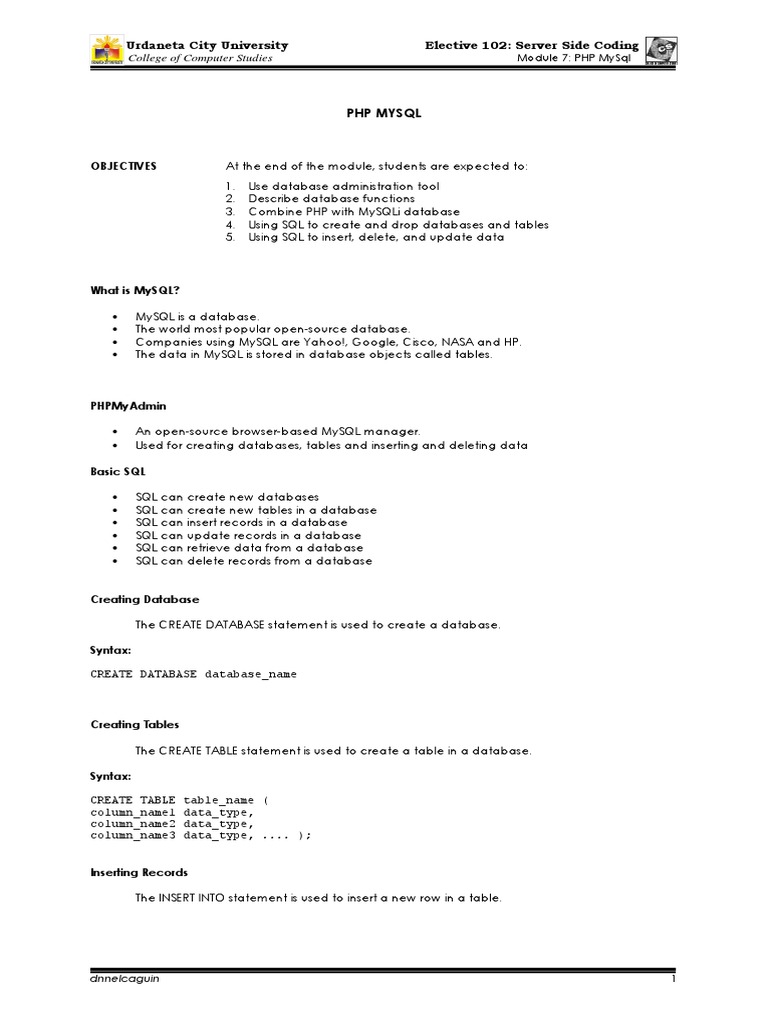 Module 7 PHP Mysql | Download Free PDF | Databases | Information Technology
