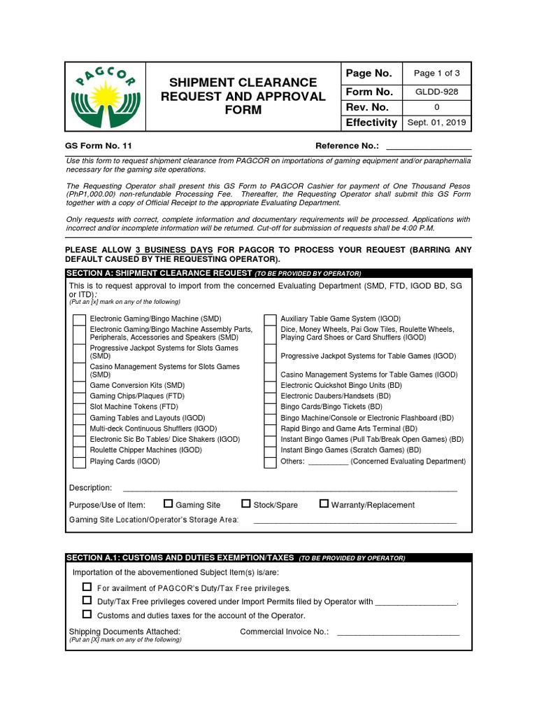 PAGCOR Shipment Clearance Request Form | PDF | Customs | Gaming And Lottery