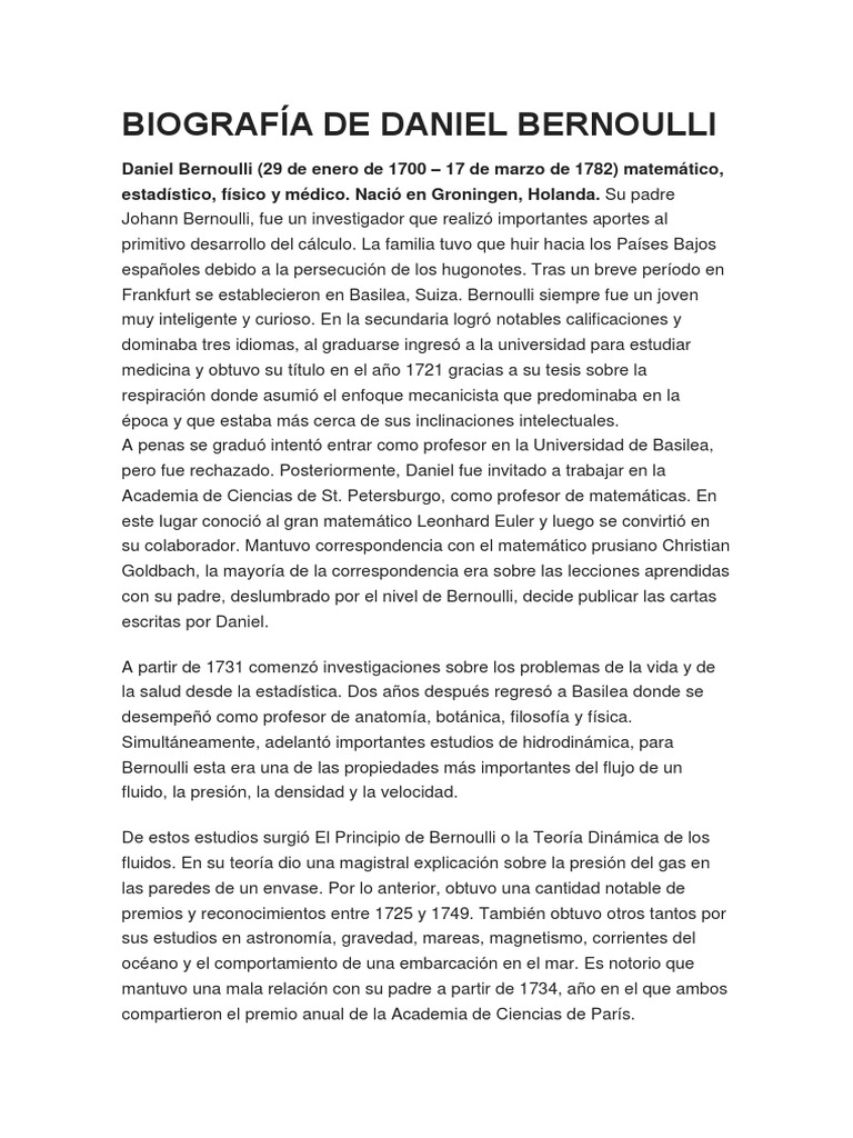 Biografía de Daniel Bernoulli | PDF | Science | Enseñanza de matemática