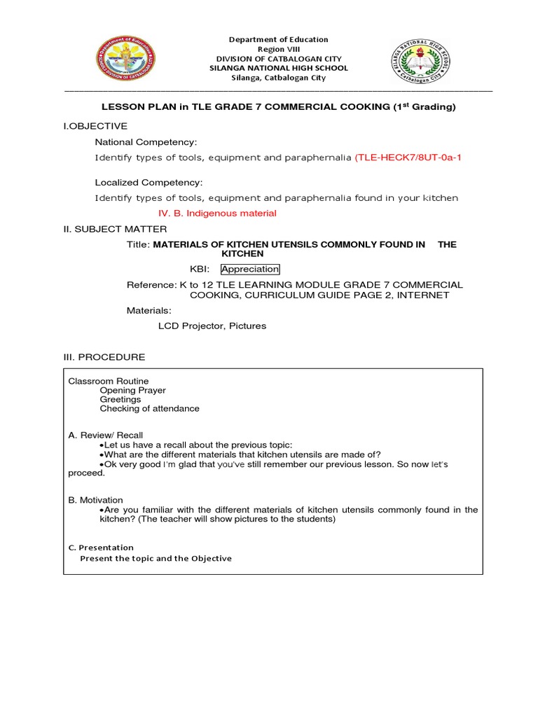 Grade 7 TLE Cooking Lesson Plan | PDF | Kitchen Utensil | Lesson Plan