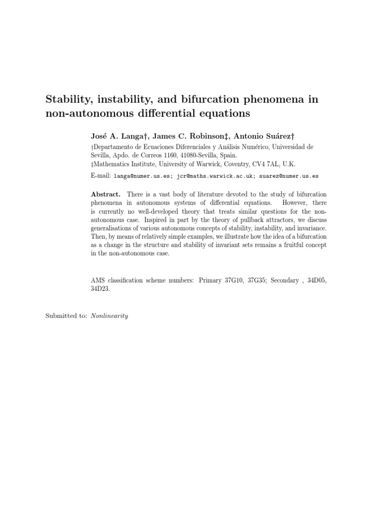 Stability, Instability, and Bifurcation Phenomena in Non-Autonomous Differential Equations | PDF ...