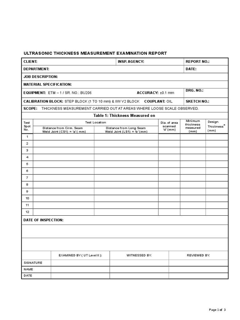 Ultrasonic Thickness Measurement Examination Report: Table 1: Thickness ...