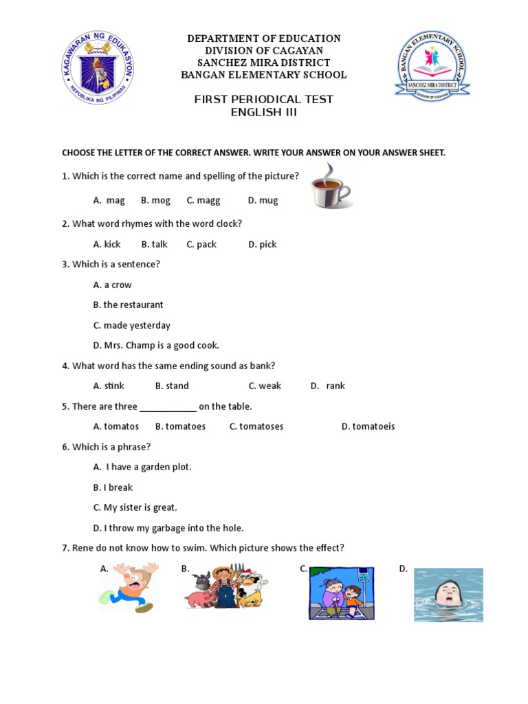 Grade 3 1st Periodical Test | PDF | Sentence (Linguistics) | Predicate ...