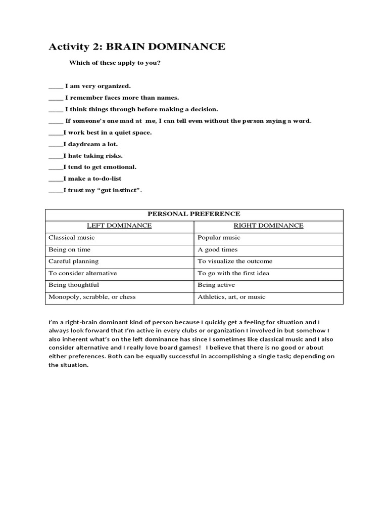 Activity 2: BRAIN DOMINANCE | PDF | Leadership | Advertising