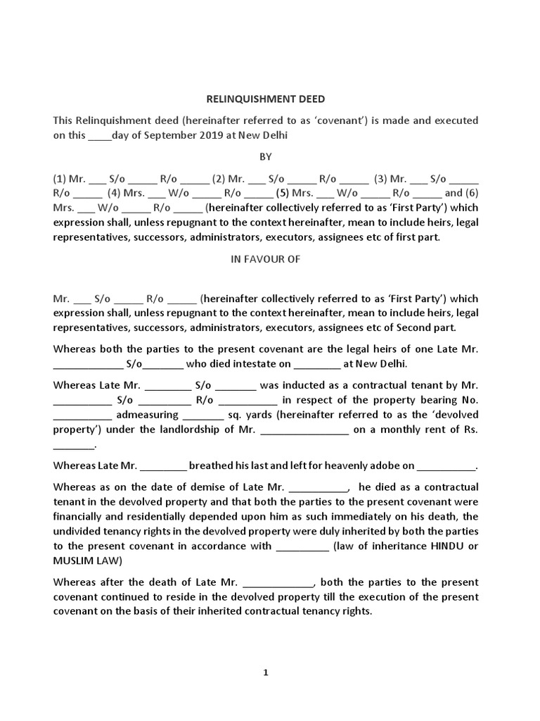 Relinquishment Deed Template | PDF | Covenant (Law) | Leasehold Estate